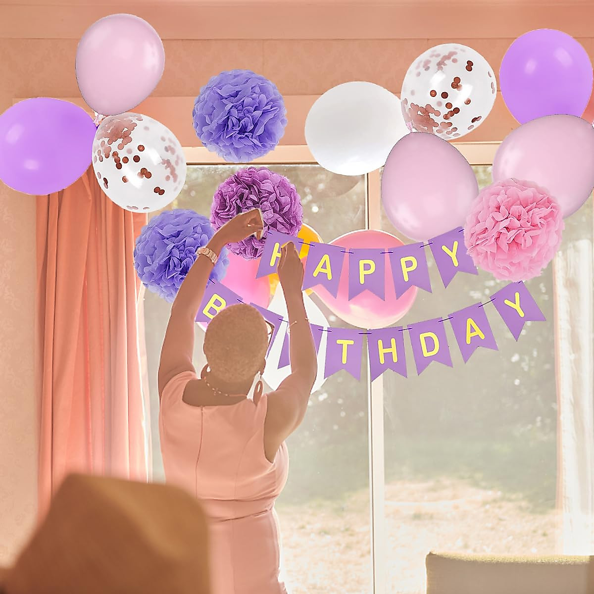 Rishafowg Purple Birthday Decorations for Women, Princess Birthday Party Decorations Pink and Purple Birthday Decorations with Latex Balloons Paper Pom Poms Happy Birthday Banner