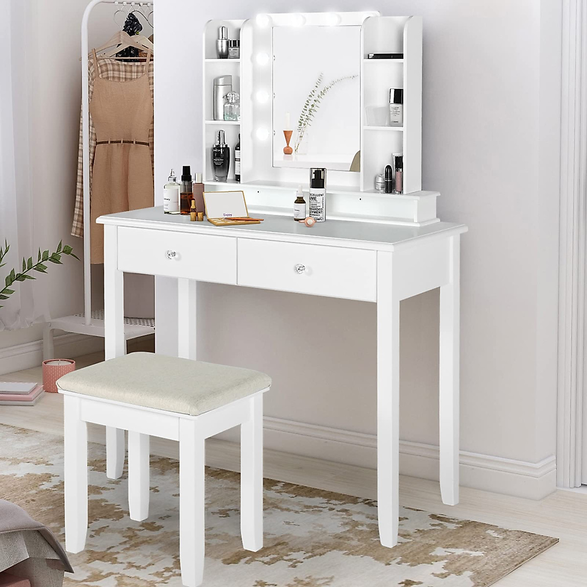 AODAILIHB Vanity Desk with Mirror and Lights, 35" Makeup Vanity Dressing Table with Vanity Stool/2 Drawers/Open Shelves/3 Color Lighting Modes & Brightness Bedroom Furniture (White)