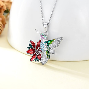 PEIMKO Hummingbird Necklace Enamel Hummingbird Pendant Necklace Sterling Silver Cute Aniamal Bird Necklace with Flower Bird Pendant for Women