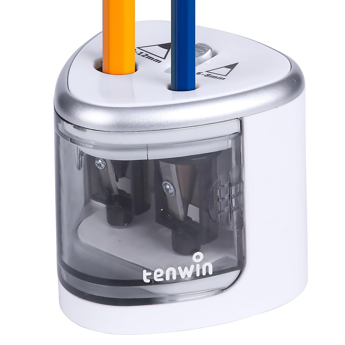 tenwin Electric Pencil Sharpener for Colored Pencils, Battery Operated Pencil Sharpeners for No.2 and 6-12mm Pencils, Dual Hole for Office School Artists Adults Kids Use（Silver）