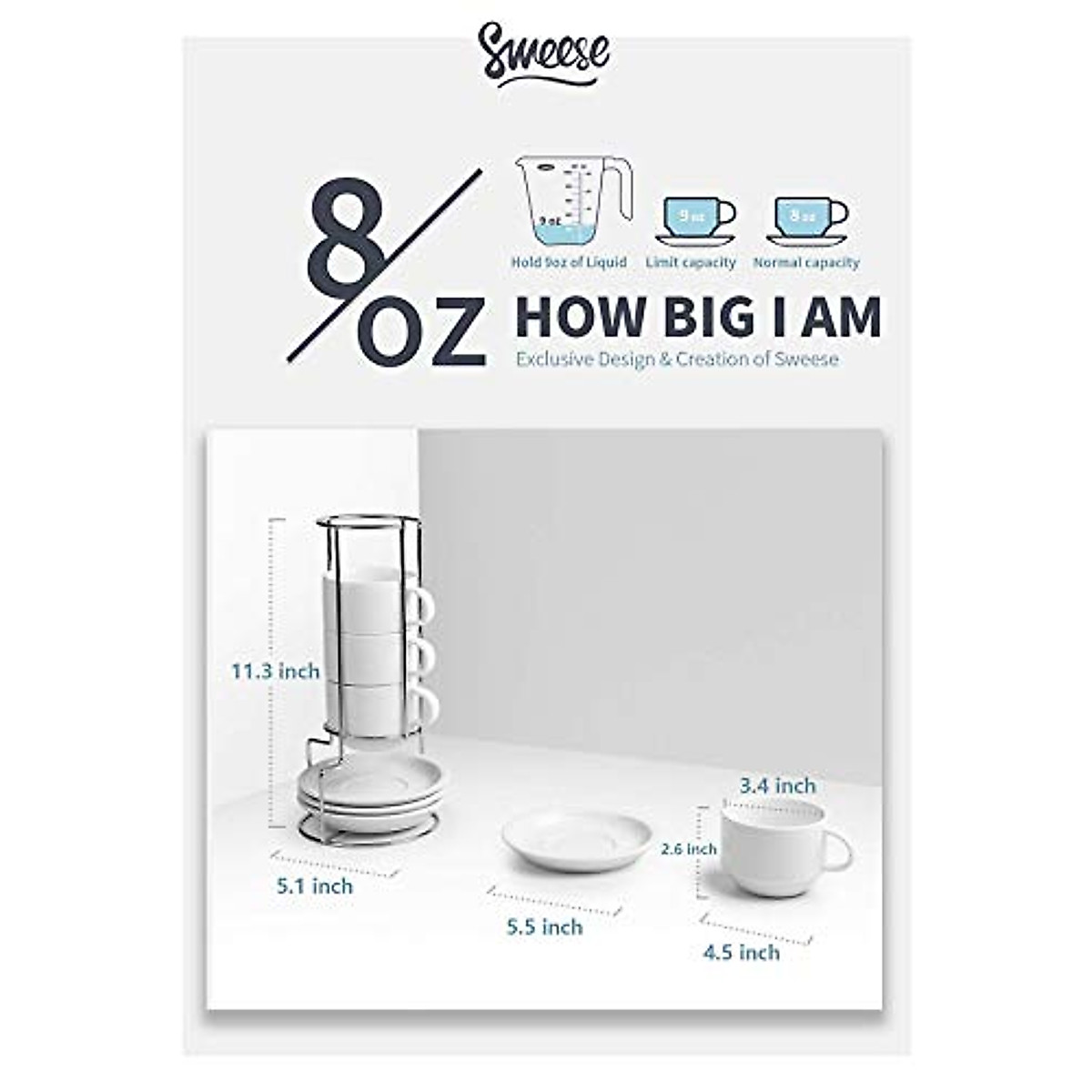 Sweese 406.401 Porcelain Stackable Cappuccino Cups with Saucers and Metal Stand - 8 Ounce for Specialty Coffee Drinks, Cappuccino, Latte, Americano and Tea - Set of 4, White