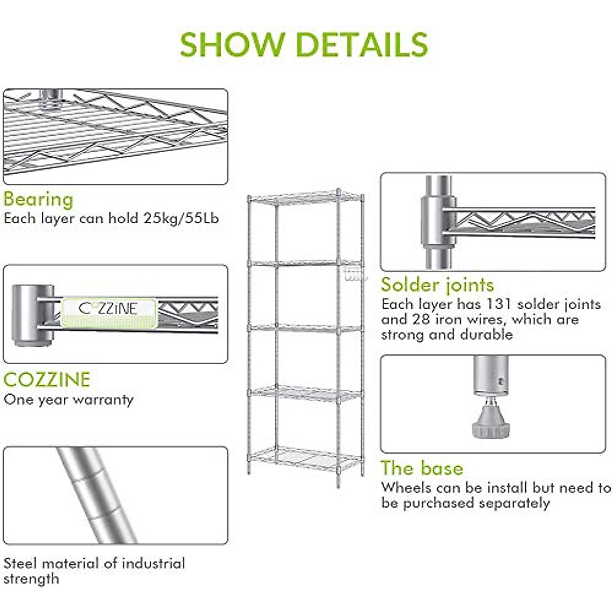 Cozzine 5 Tier Storage Shelves, Adjustable Storage Shelves 21"x 11"x 59" Heavy Duty Steel Tube Wire Shelving Unit (Silver)