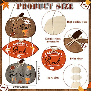 Barydat 3 Pcs Football and Fall Y'all Wood Sign Thanksgiving Fall Farmhouse Decorations for Home Rustic Wood Pumpkin Door Hanging Autumn Porch Sign with Bow for Garden Porch Front Harvest
