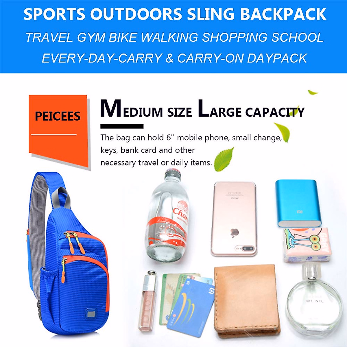 Peicees Small Sling Backpack Waterproof Unisex Shoulder Bag Chest Crossbody Daypack