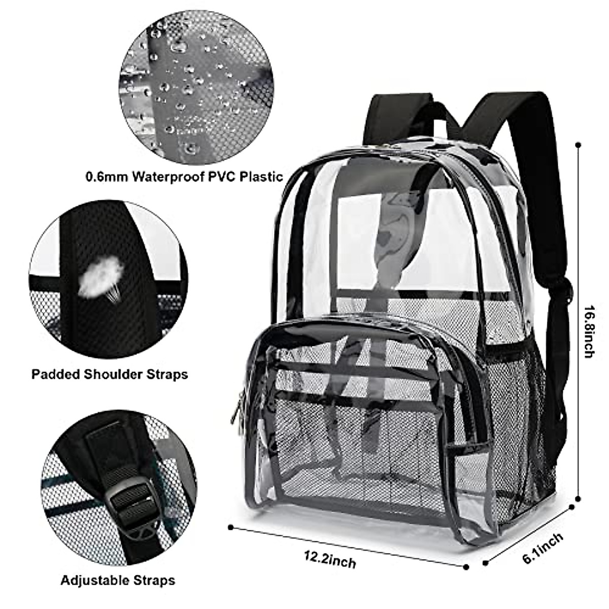 Clear Backpack School Bag Bookbag, Heavy Duty PVC Plastic Transparent See Through Backpacks for Men Women Girls Boys (Black)