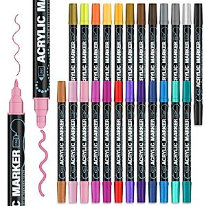 Paint Markers, 24 Colors Paint Pens Acrylic Markers, Dual Tip Paint Pen for Extra Fine and Medium Tip, Acrylic Paint Pens for Rock Painting, Canvas, Wood, Ceramic, Glass, DIY Crafts & Art Supplies.