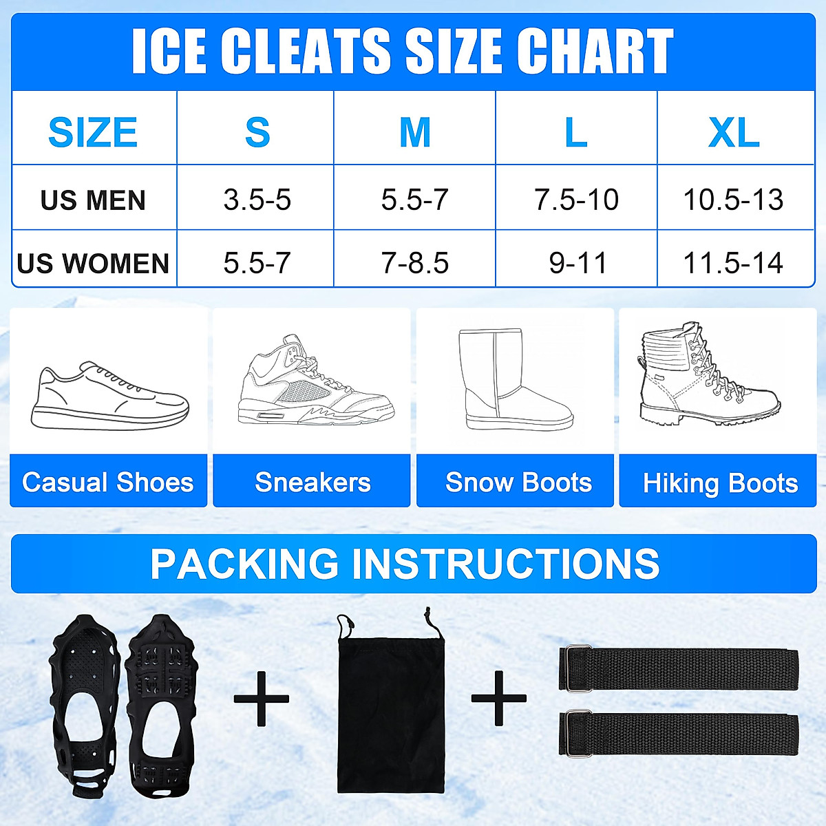 Ice Cleats for Shoes and Boots Men Women Snow Traction Cleats Crampons Anti Slip Shoe Grippers Spikes for Snow Ice Winter Walking Non-Slip 24 Studs Overshoe Slip-on Stretch Footwear