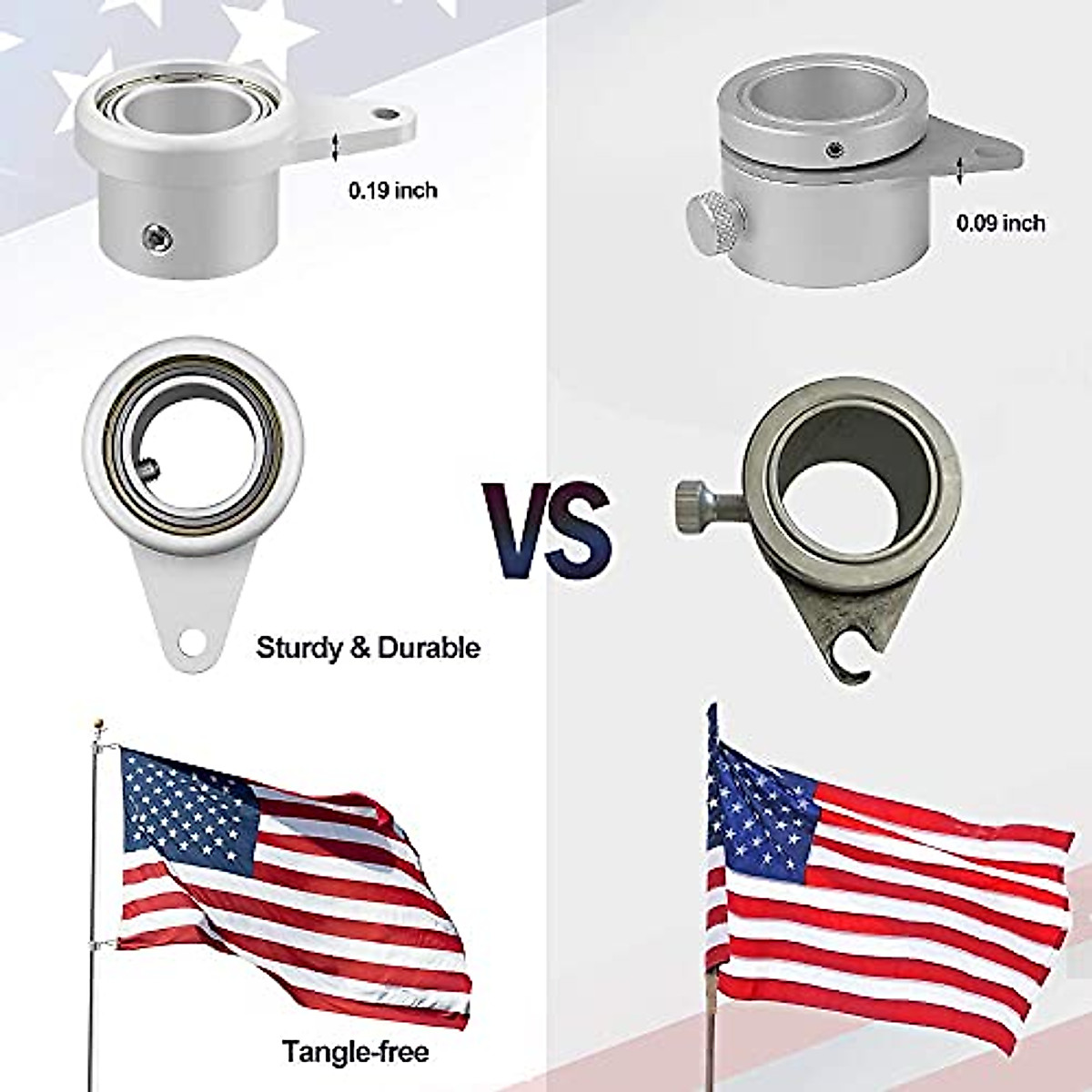 Loretoy Flagpole Ring Set with Bearings, Aluminum Alloy Flag Pole Rings, 360°Rotating Flag Mounting Ring, Spinning Flag Pole Clips Kit with Carabiner for 0.75-1.0 Inch Diameter Flagpole|Silver-2 Pack
