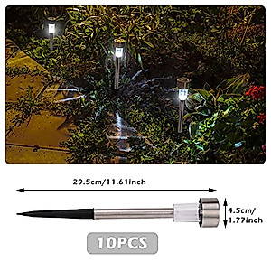 10 Pack Solar Pathway Lights, Solar Garden Lights Outdoor Waterproof, Auto On/Off, Bright Up to 6-8 Hrs, Stainless Steel Led Landscape Lights for Lawn, Yard, Patio, Walkway(White)