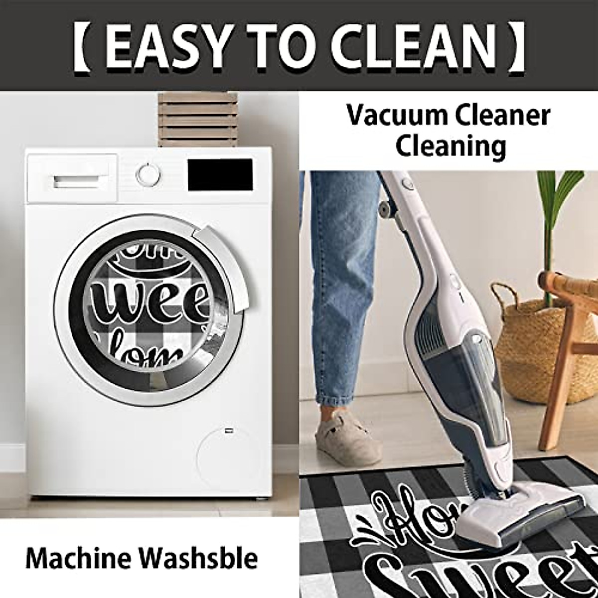 AMELIA SHARPE Welcome Half Round Door Mat Black White Plaid Buffalo Washable Home Kitchen Art Restaurant Office Floor Mats Non Slip and Durable Doormats Decor 18x30 Inch