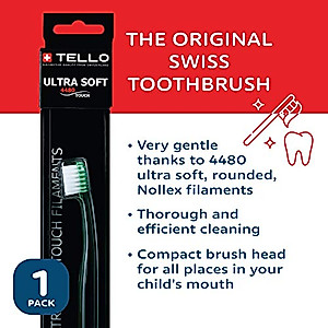 TELLO 4480 Adult or Child Ultra Soft Swiss Toothbrush with Smaller Head for Gentle Cleaning with Ergonomic Handle, 1 Count