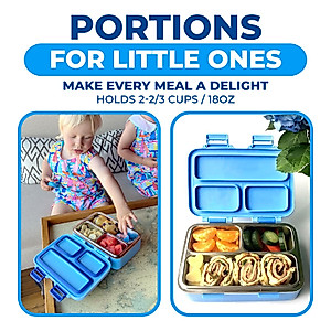 kinsho Stainless Steel Lunch Box for Baby or Toddlers Boys, Mini Bento, 3 Eco Metal Portion Sections Leakproof Lid, Pre-School Daycare Lunches, Kids Spill-Proof Snack Container, Blue Cute Monster