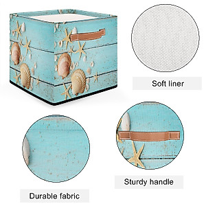 Summer Seashells Cube Storage Baskets Fabric Seashells Border on Sand Storage Bins Boxes Collapsible Organizer Bin with Handles for Shelves,Toys, Towels, Closet,Shelf Basket