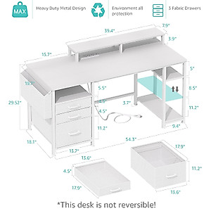 Lufeiya White Computer Desk with File Drawers Cabinet, 55 Inch Home Office Desk with Monitor Stand Shelves, Writing Study Gaming Desks with Led Lights and Power Outlets for Bedroom, White