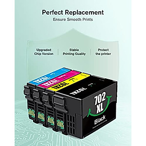 702 702XL 4 Pack Ink Cartridges Replacement for Epson 702 XL 702XL T702XL to use with Workforce Pro WF-3720 WF-3730 WF-3733 Printer New Upgraded Chips (1 Black, 1 Cyan, 1 Magenta, 1 Yellow)