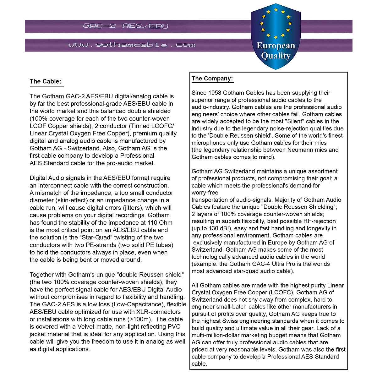 WORLDS BEST CABLES 20 Foot - Gotham GAC-2 AES/EBU (Purple) – Low-Loss, 2xCore 2xShielded Balanced Digital & Analog Audio Cable w/Neutrik NP3X-B ¼ Inch (6.35mm) TRS Plugs - Custom Made