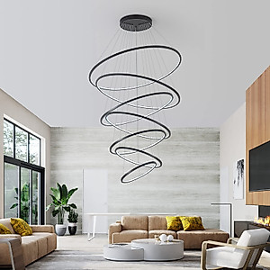 ROYAL PEARL Led Chandeliers Modern 7 Rings Black Chandeliers Large High Ceiling Chandelier Contemporary Foyer Chandelier for Dining Room Living Room Staircase Entryway, 3000K 4000K 6000K