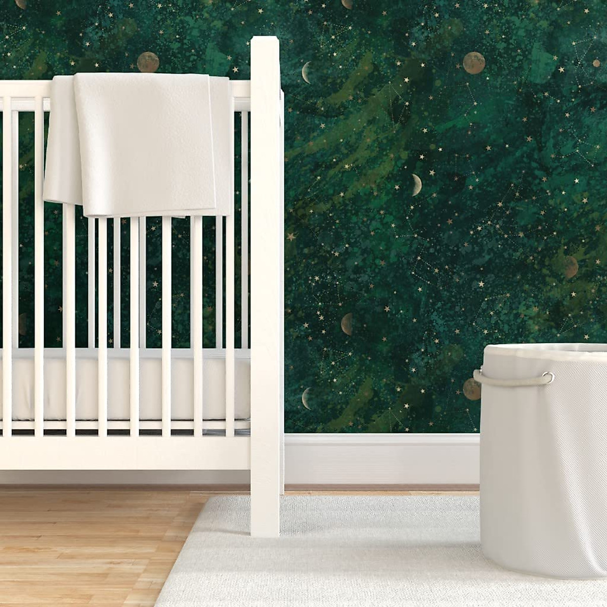 Removable Wallpaper 9ft x 2ft - Dark Green Moon Stars Bohemian Star Night Celestial Custom Pre-Pasted Wallpaper by Spoonflower