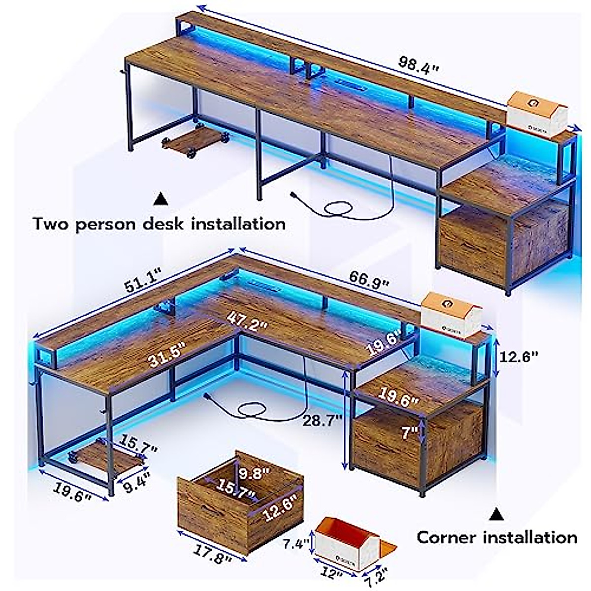 SEDETA L Shaped Desk, 66" with File Drawer & Power Outlet, Home Office Gaming Desk with Led Lights, Corner Computer Desk with Monitor Shelf, Printer Storage Shelves, Two Person Desk, Rustic Brown