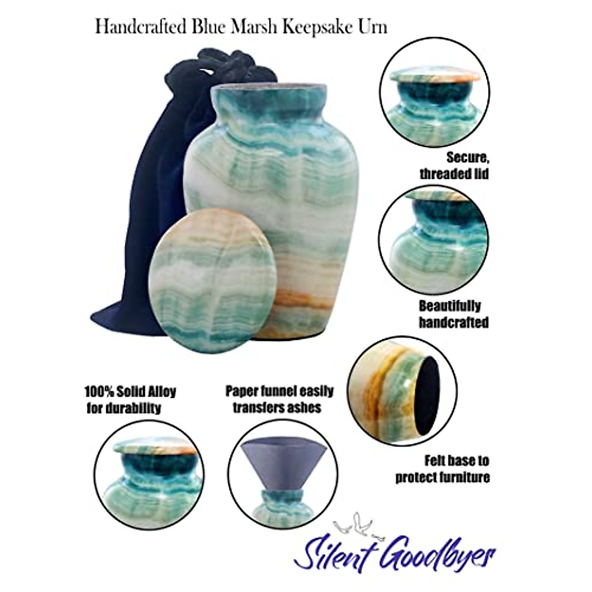 Keepsake Urn | Marble Finish Keepsake Cremation Urn for Ashes | Metal Sharing Urn for Human or Pets Ashes | Mini Memorial Urn with Velvet Bag (Blue Marsh)