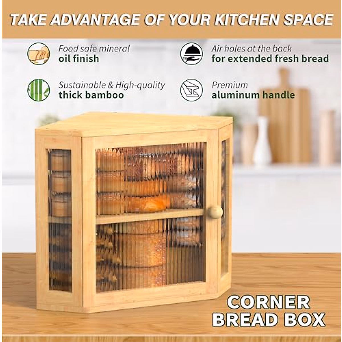 RYLTKISS Corner Bread Box–Extra Large Bread Box for Bread Storage-Durable Bamboo Wood Bread Box for Kitchen Countertop-Double Bread Container with Adjustable Height, Modern Bread Box Easy To Assemble