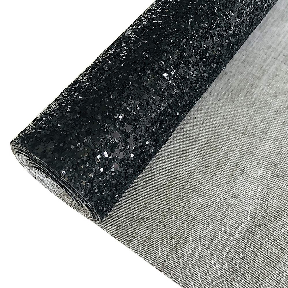 SOV Ultra Chunky Glitter Fabric Vinyl Sparkle Faux Leather Perfect for Key Chain Bows Craft Bag Cover Sewing Patchwork DIY Craft Thick Canvas Back 8” x 53” (21cm x 135cm) 1 Roll (Black)