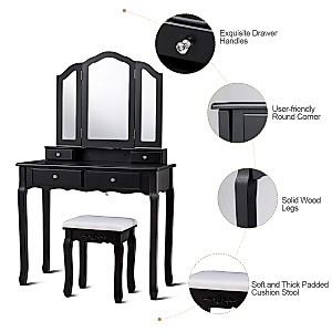 Giantex Vanity Set with Tri-Folding Mirror and 4 Drawers, Makeup Dressing Table with Cushioned Stool for Girls Women, Modern Bedroom Bathroom Makeup Table with Stool (Black)
