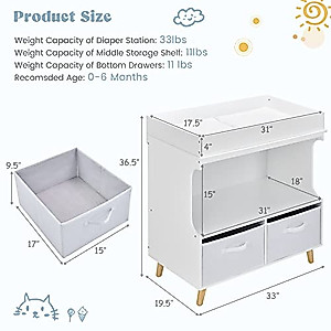 INFANS Baby Changing Table, Wood Diaper Dresser Station with Waterproof Pad 2 Storage Baskets Drawers Shelves and Safety Belt, Nursery Organizer Stand for Newborn Infant,White