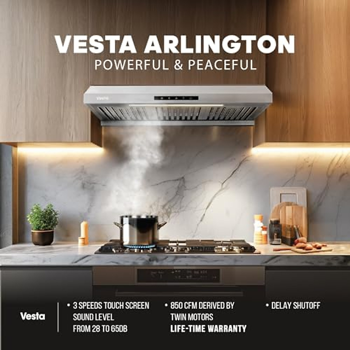Vesta Arlington 850cfm Powerful 30''Under Cabinet Stainless Steel,With Twin Turbo Motors, Contemporary Design, Delay Shutoff 3 Speed Touch Screen, 6'' Top Round Vent, Long LED, and Long Oil Collector