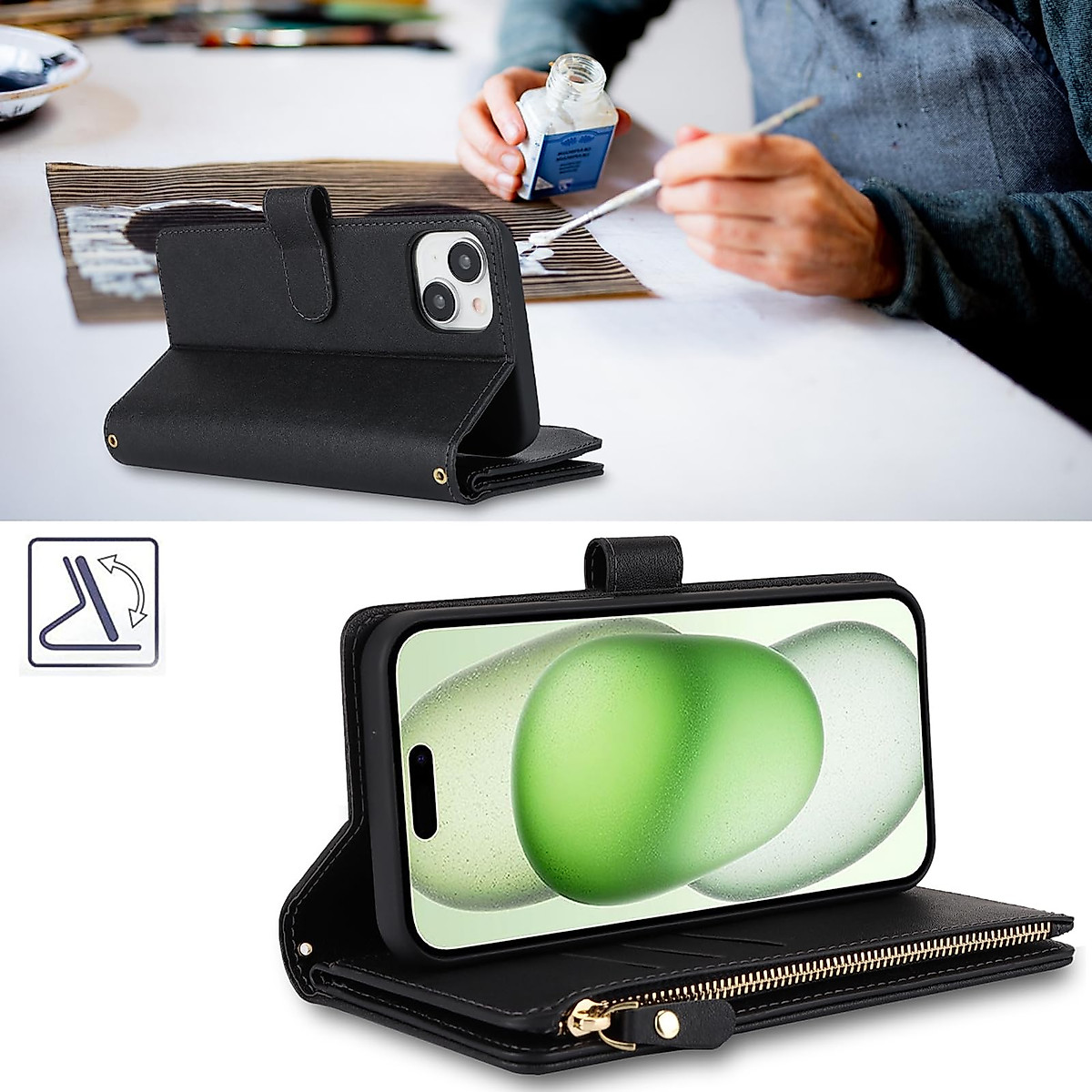 Jaorty Crossbody Phone Case for iPhone 15 Plus with Strap Lanyard,for iPhone 15 Plus Wallet Case for Women with Card Holder,Zipper Pocket Magnetic Flip Leather Case,6.7" Black