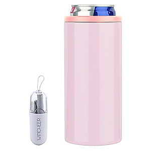 WinCheer 12 Oz Can Cooler with Reusable Straw, Double-walled Vacuum Stainless Steel Slim Can Holder for Beer Soda Beverage Energy Drinks Skinny Cans Sleeve (Pink)