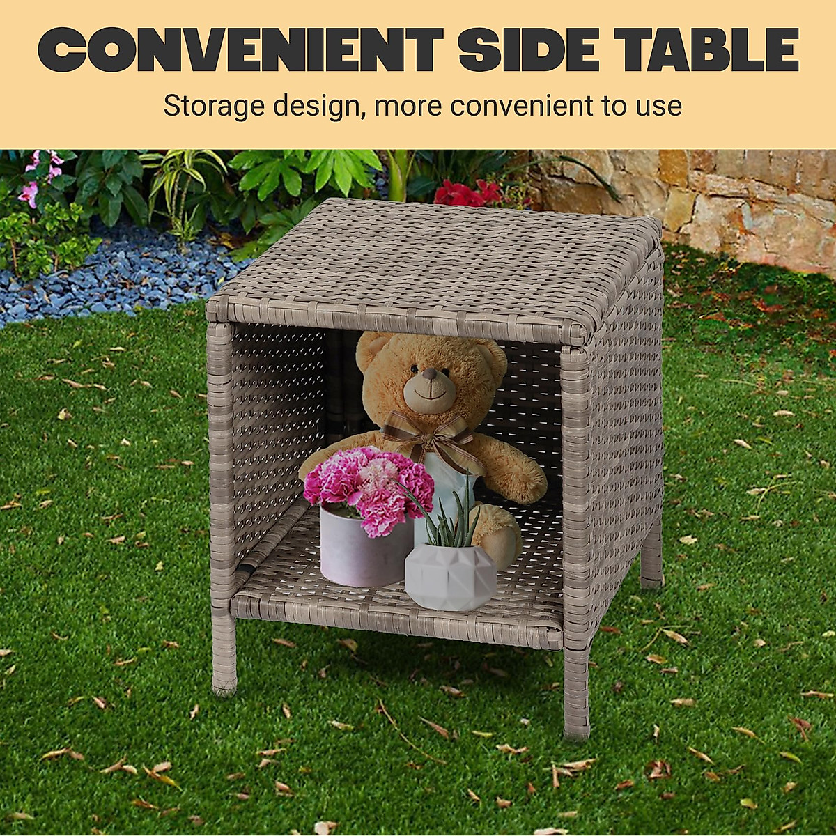 Tappio 3 Piece Patio Conversation Bistro Set, Porch Balcony Furniture Set Outdoor Chat Furniture, Wicker Chairs and Storable Table Set for Yard Balcony Backyard Apartment, Gray/Beige