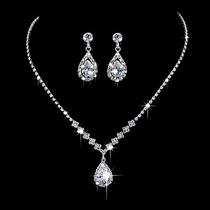 JAKAWIN Bride Silver Bridal Necklace Earrings Set Crystal Wedding Jewelry Set Rhinestone Choker Necklace for Women (Set of 3) (NK144-3)