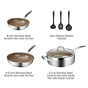 Duxtop 7PC Stainless Steel Ceramic Coated Nonstick Pans Set, Induction Frying Pans, Non-stick Saute Pan with Lid, Impact-bonded Technology