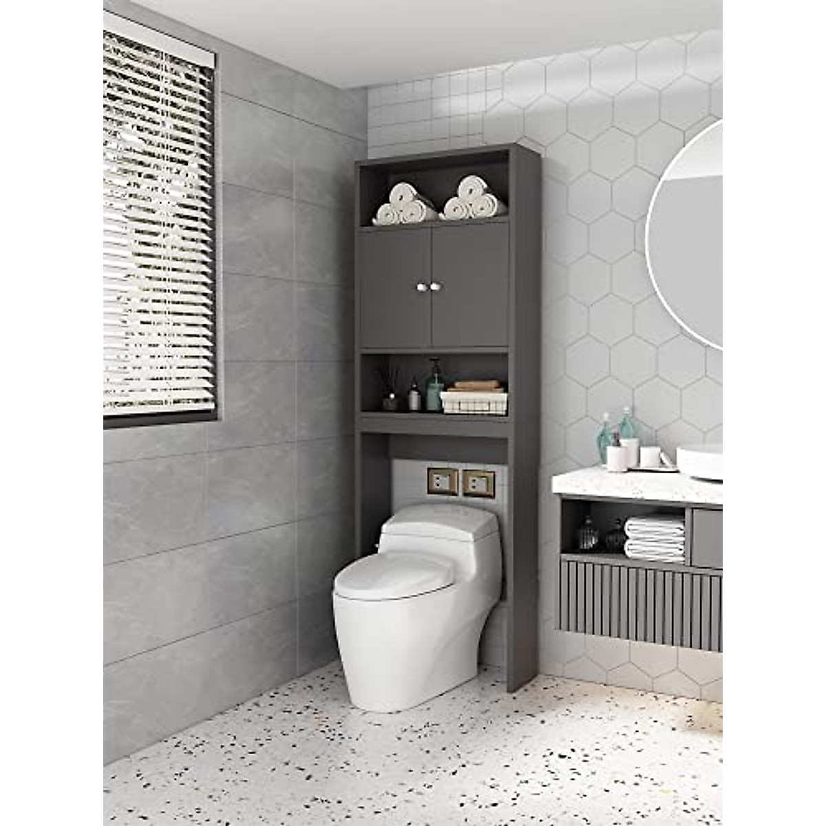 Over The Toilet Storage, 3 Tier Over Toilet Bathroom Organizer with 2 Open Shelves and 1 Cabinet, Above Toilet Storage Cabinet with 2 Doors, Bathroom Space Saver for Restroom (Gray, 24.8"x7.8"x76.8")