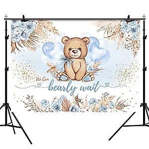 Rsuuinu Boy Bear Baby Shower Backdrop Boho Pampas Blue Flower We can Bearly Wait Photography Background Balloons Bear Baby Shower Backdrops Party Decorations Banner Supplies Photo Booth Props 7x5ft