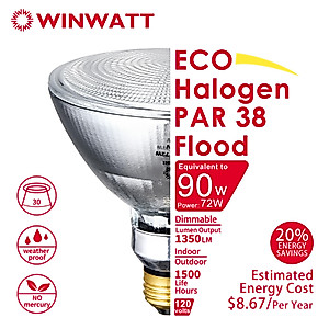 WinWatt PAR38 Flood 25-Deg. 72W, 12 Pack 90W Eq. EcoPAR Halogen Light Bulb E26 Dimmable 2950K CRI100 120V 72W (Count of 12)