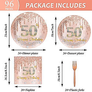 96 Pieces 50th Birthday Tableware Set for Pink Rose Gold 50th Birthday Table Decorations Supplies Pink Rose Gold Happy 50 Birthday Dessert Plates Napkins Forks for 24 Guests Women Birthday Supplies