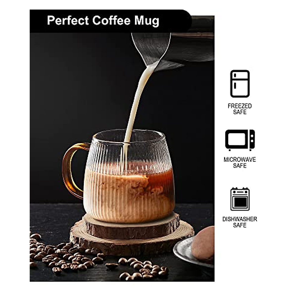 ZHMTang Premium Unique Glass Coffee Mugs Set of 2 Fancy Cups with Stylish Vertical Stripes Pattern - Light Yellow Handle (Clear)