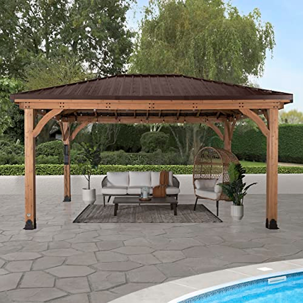 Backyard Discovery Barrington 16 ft. x 12 ft. Hip Roof Cedar Wood Gazebo Pavilion, Shade, Rain, Hard Top Steel Metal Roof, All Weather Protected, Wind Resistant up to 100 mph, Holds up to 7800 lbs