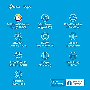 TP-Link Tapo Smart Light Bulbs, 16M Colors RGBW, Dimmable, Compatible with Alexa and Google Home, A19, 60W Equivalent, 800LM CRI>90, 2.4GHz WiFi only, No Hub Required, Tapo L530E(4-Pack)