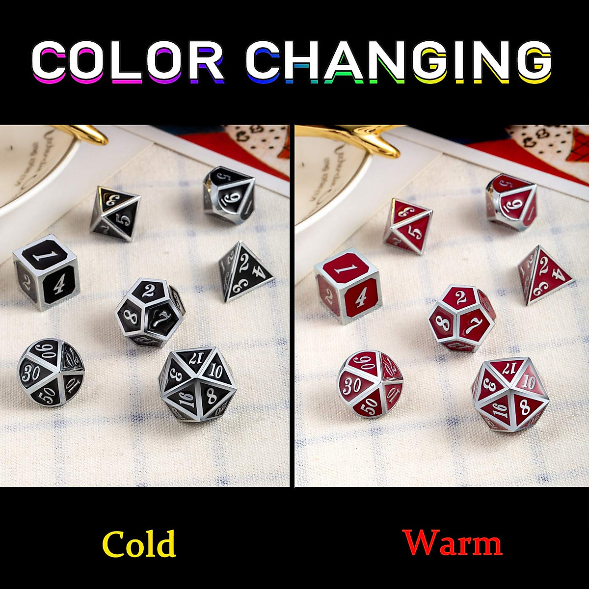 DNDND Color Changing Metal Dice Set, Temperature Sensitive DND Game Dice Set with Free Metal Tin for Dungeons and Dragons D&D Rolling Table Games (Silver Number with Black to Red)