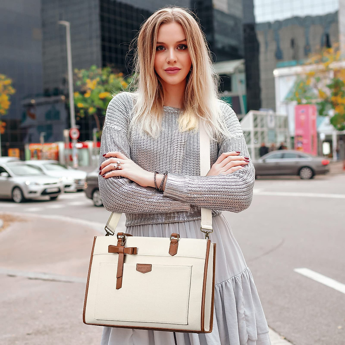 Keyli Canvas Laptop Tote Bag for Women - 15.6 inch Casual Work Shoulder Bag with Large Capacity - Brown