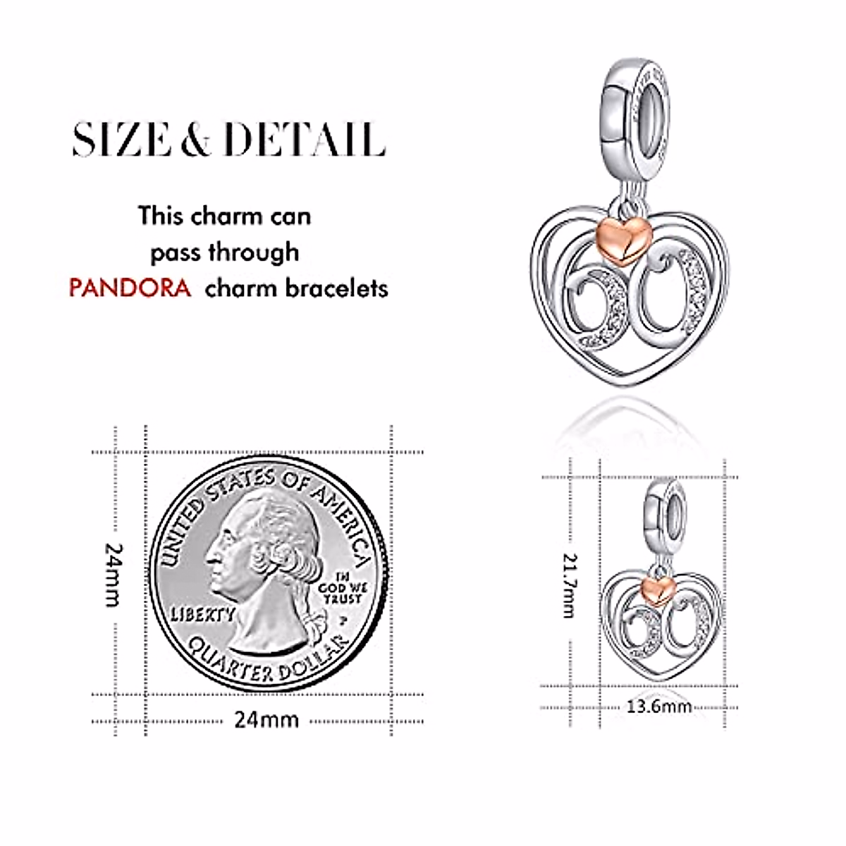 FOREVER QUEEN Number 60 Charm Fit Charm Bracelets 925 Sterling Silver Birthday Dangle Beads with 18K Gold Heart Shaped Pendant for Women Gift