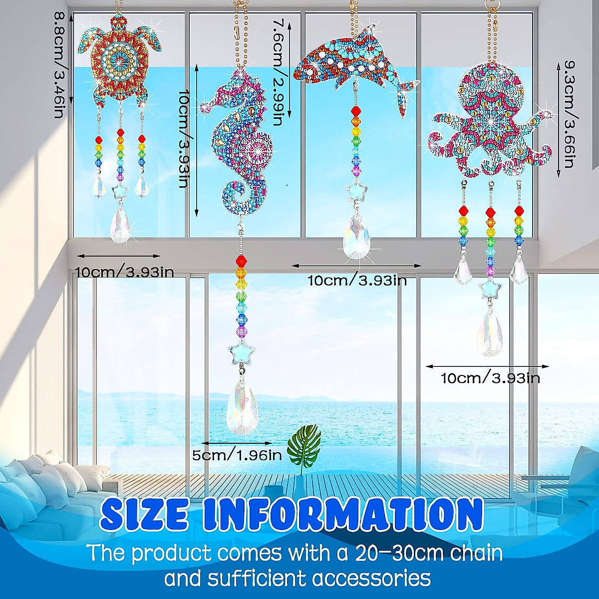 4 Pcs Diamond Painting Suncatcher Wind Chime Sea Animal Double Sided Crystal Rhinestone Big Gem Painting Suncatcher Hanging Ornament for Adults Kids Home Window Decor (Sea Style)