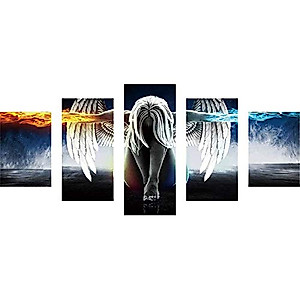 DIY 5D Diamond Art Kits for Adults,Fire Water Angel Magic Wings 5 Piece Multi Full Drill Diamond Embroidery Kit Home Office Wall Art Decor Paint by Numbers 17.7x37.4 inch