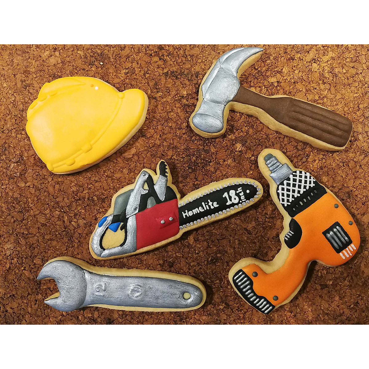 JOKUMO Tools Cookie Cutters Set – 7 PC High Grade 430 Stainless Steel –Wrench, Hammer, Saw, Chainsaw, Pliers, Safety Helmet and Drill