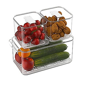 Redrubbit Fridge Food Storage Containers Bins Produce Saver with Vented Lids, Stackable Refrigerator Freezer Organizer with Removable Drain Tray, Fresh Keeper, 3 Pack