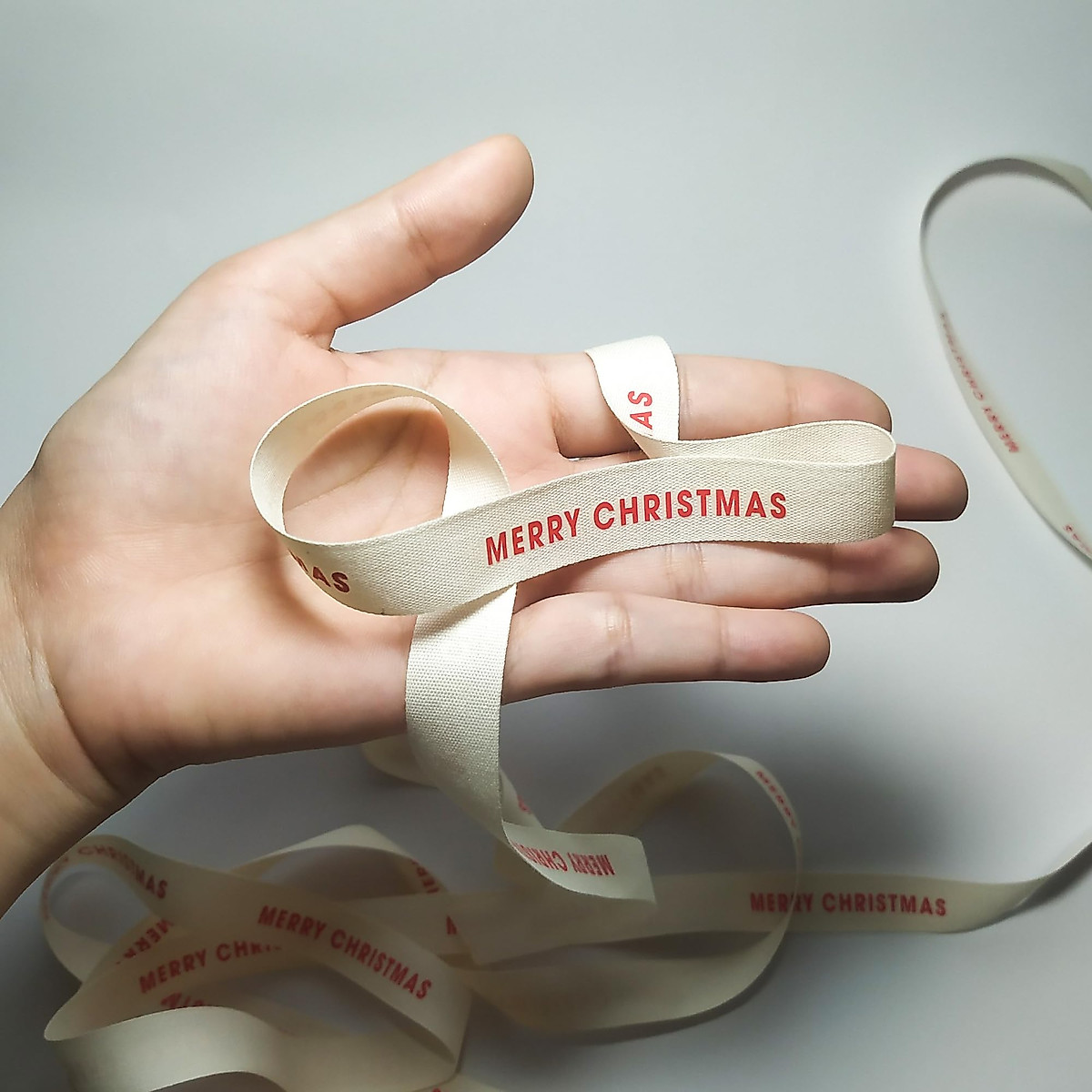 Christmas Ribbon - Cotton Ribbon for Holiday Gift Wrapping - Custom Ribbon Natural 5/8” x 20 Yards - Merry Christmas