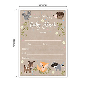 Canopy Street Woodland Animals Baby Shower Invitation / 25 Adordable Animals Themed Fill In Baby Shower Invites / 5" x 7" New Baby Forest Animal Invitation Cards